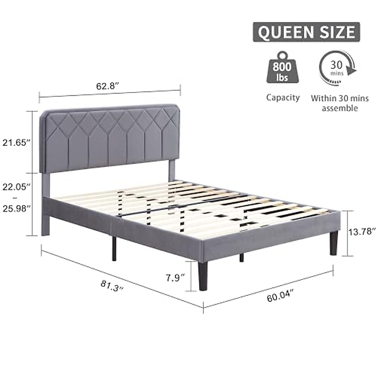 VECELO Queen Size Bed Frame Premium Upholstered Platform with Height Adjustable Headboard/Mattress Foundation Solid Wooden Slat Support, No Box Spring Needed/Easy Assembly, Dark Grey