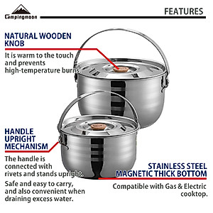 CAMPING MOON Cookware Set, 13PCS Stainless Steel Outdoor Camping Nesting Mess Kit Pots Pans, Magnetic Thick Bottom, Foldable Handle, Includes Storage Bag
