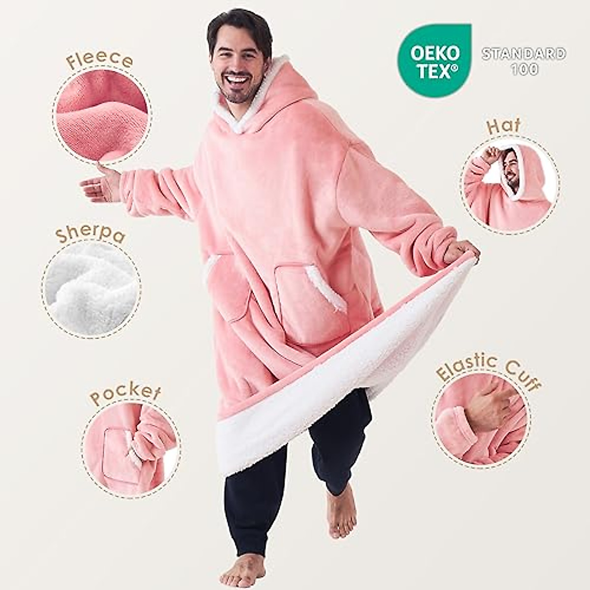 EHEYCIGA Wearable Blanket Hoodie with Pockets and Sleeves, Flannel Fleece Hooded Blanket for Women Men Adults and Kids, Pink, Extended Oversize