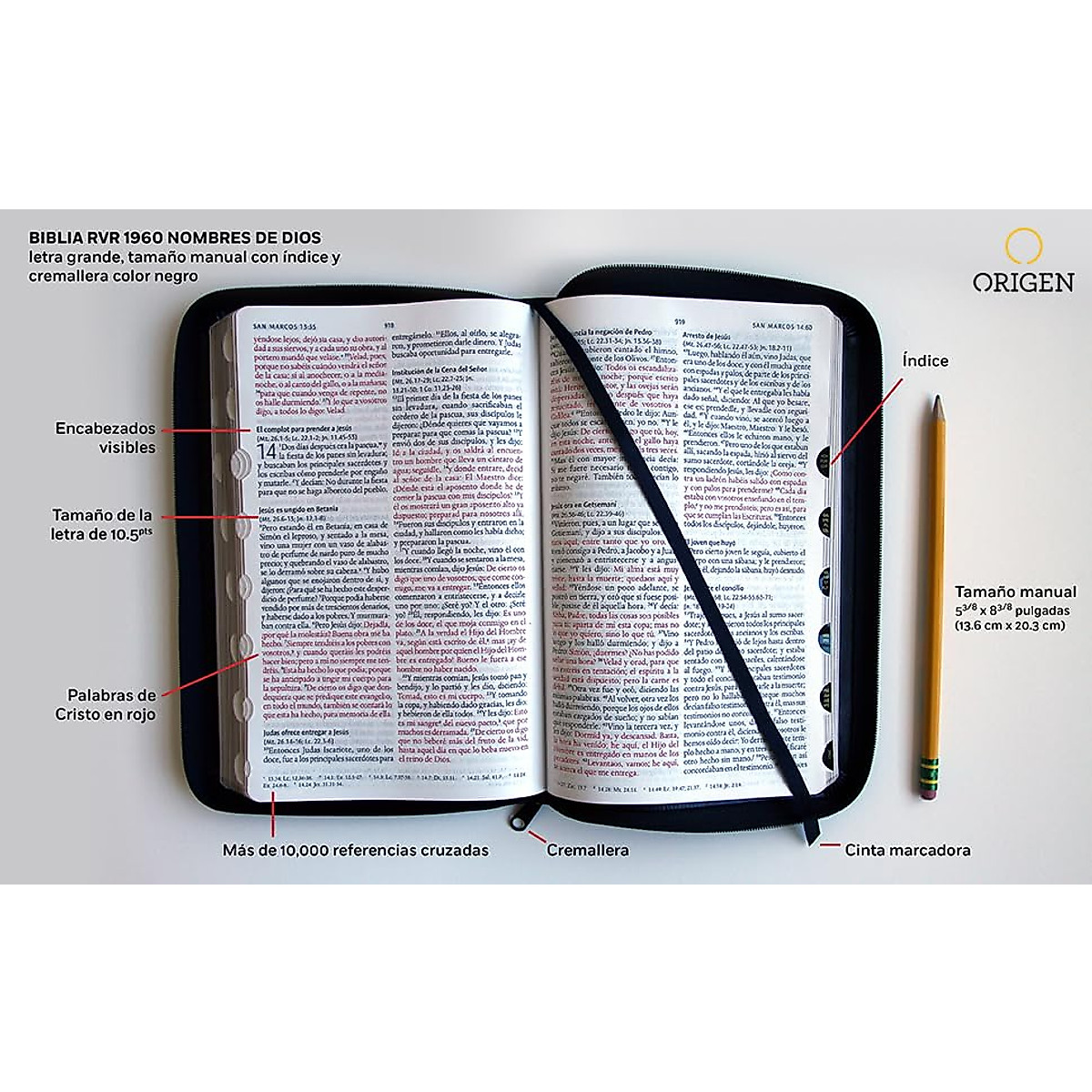 Biblia RVR 1960 Nombres de Dios letra grande tamaño manual con índice y cremalle ra color negro / Spanish Bible RVR60 Handy Size Black Names of God Index Zipp