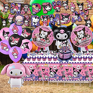 Kuromi Birthday Party Supplies, Party Decorations Set Include Banner, Balloons, Hanging Swirls, Cake Cupcake Toppers, Tablecloth for Girls Kuromi Theme Party