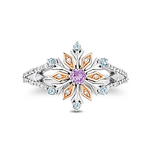 Jewelili Enchanted Disney Fine Jewelry Elsa Snowflake Ring in 14K Rose Gold Over Sterling Silver with Diamonds, Sky Blue Topaz and Rose de France Size 6