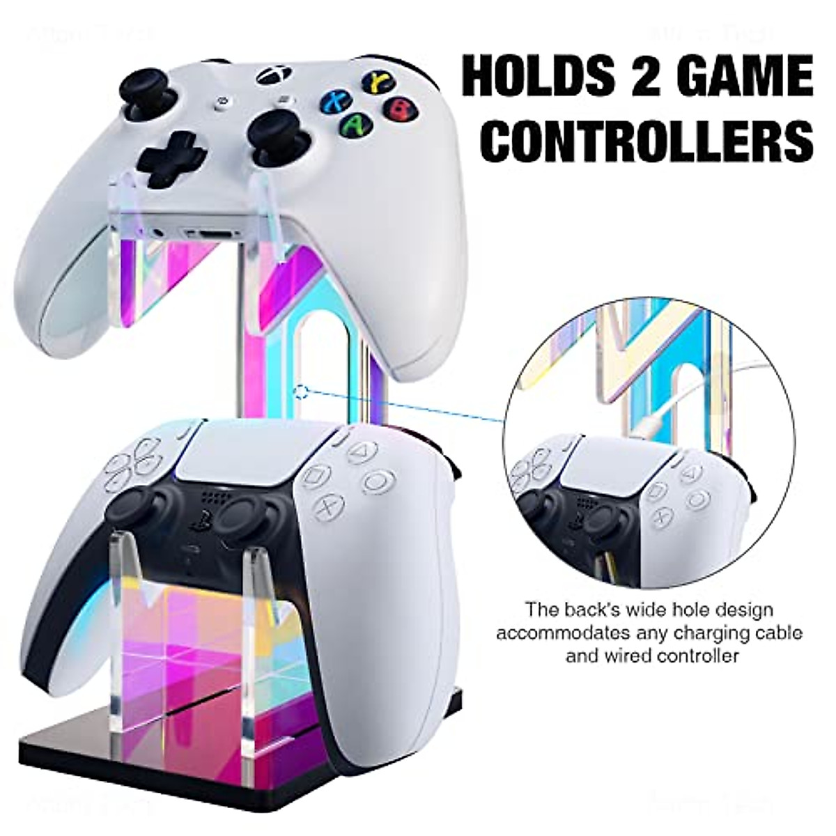 NiHome Iridescent Acrylic 2-Tier Universal Game Controller Headset Holder Stand for PS5 Xbox ONE Switch Colorful Controller Stand Gaming Accessories Anti-Slip Stable Acrylic Clear Headphone Holder