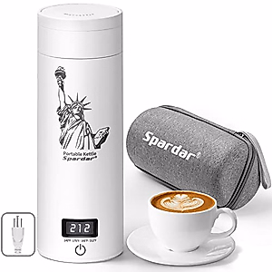 Portable Travel Kettle with Case, Spardar Portable Kettle for Travel 4 Temperature Control and Auto Shut-Off Travel Kettle Electric Small for Tea, Coffee, BPA Free, Boil Dry Protection, 380ml, White