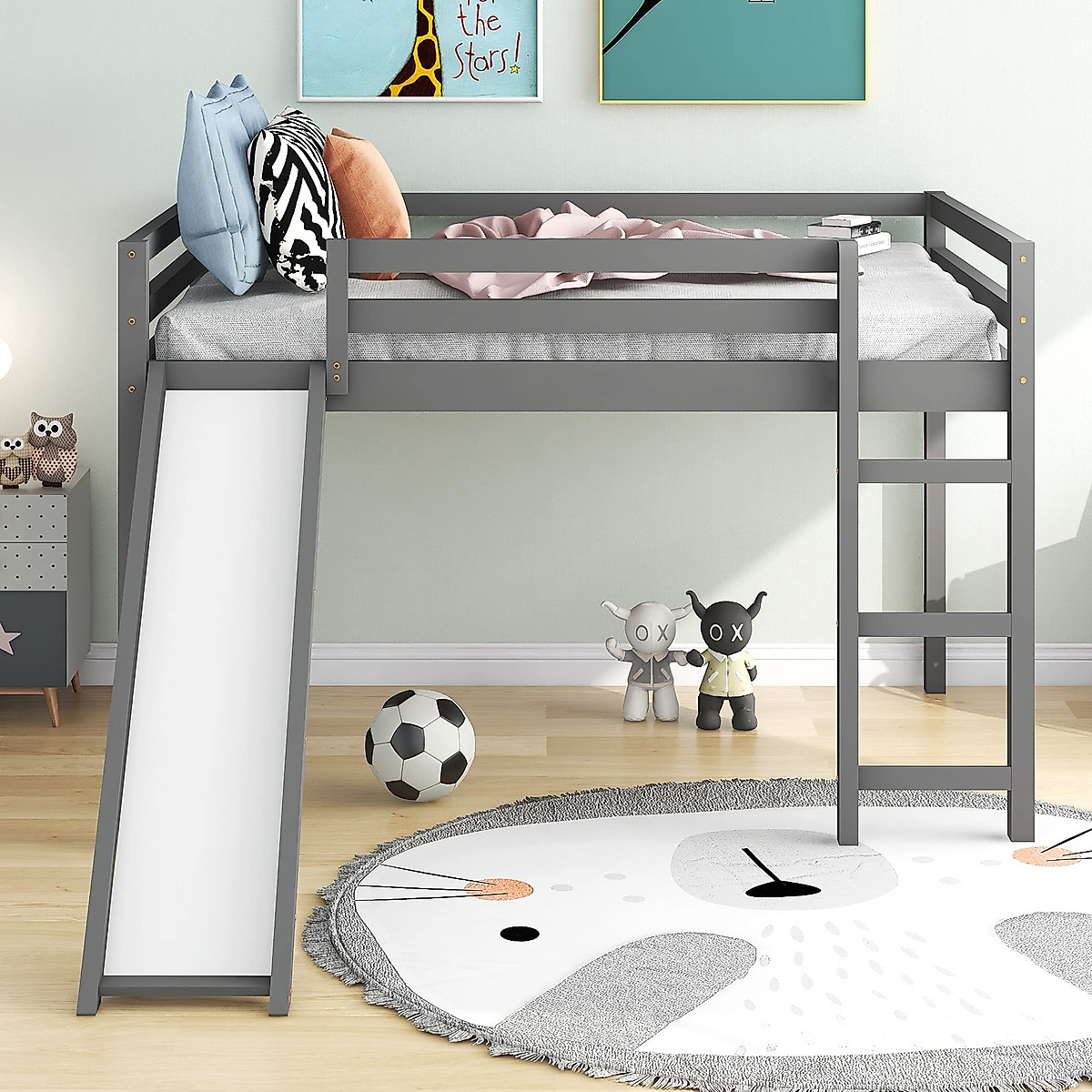 GJHOME Full Loft Bed with Slide, Solid Wood Low Loft Bed Frame for Kids Girls Boys (Full Size, Gray)