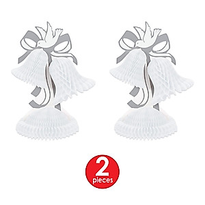Beistle 2 Piece Honeycomb Tissue Bell Centerpieces for Wedding Decorations, Bridal Shower Décor, Anniversary Party Supplies, 12", White/Silver