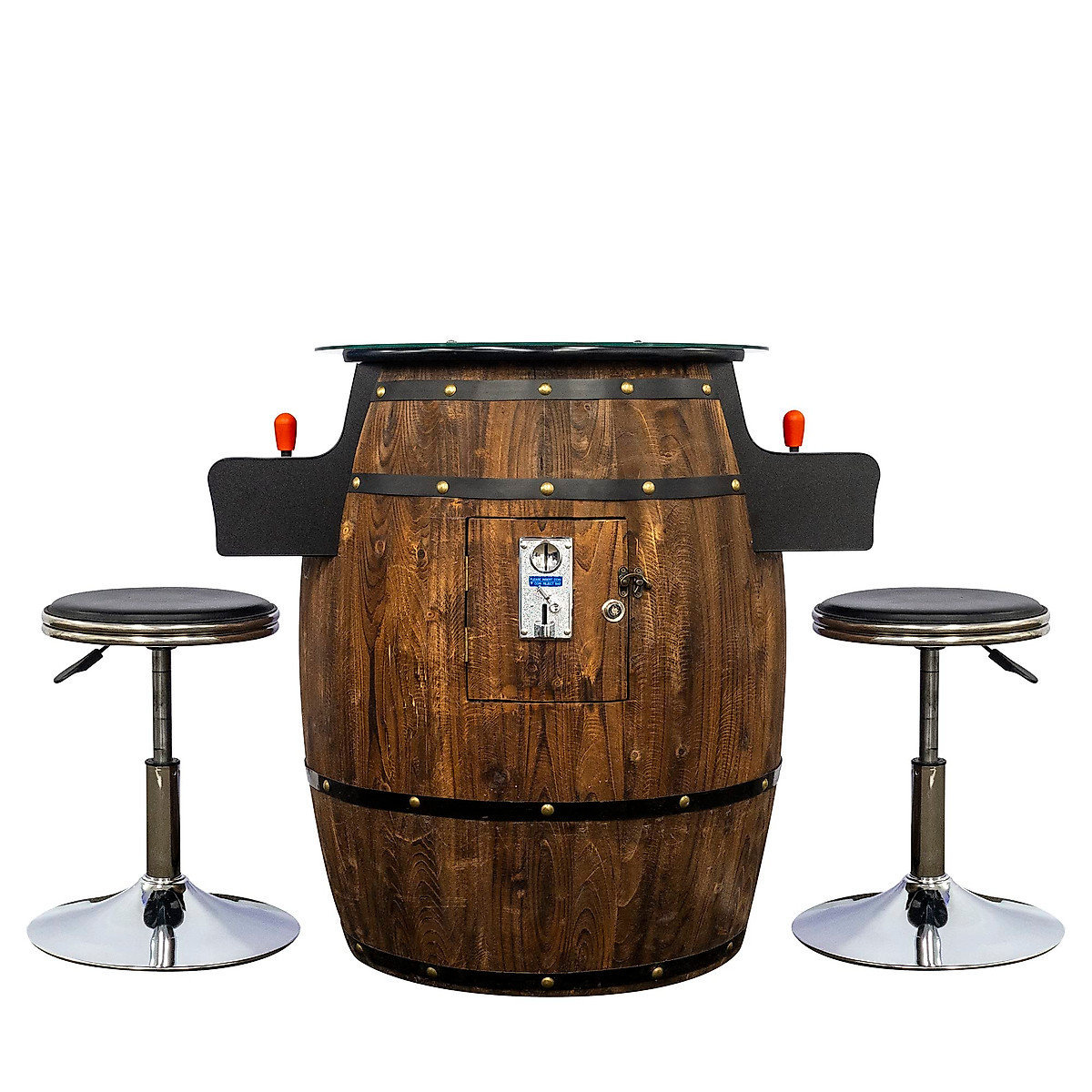 Creative Arcades Full Size Commercial Grade Wine Barrel Style Pub Arcade Machine | 2 Player | 412 Games | 19" LCD Screen | Round Glass Top | 2 Sanwa Joysticks | 2 Stools Included | 3 Year Warranty