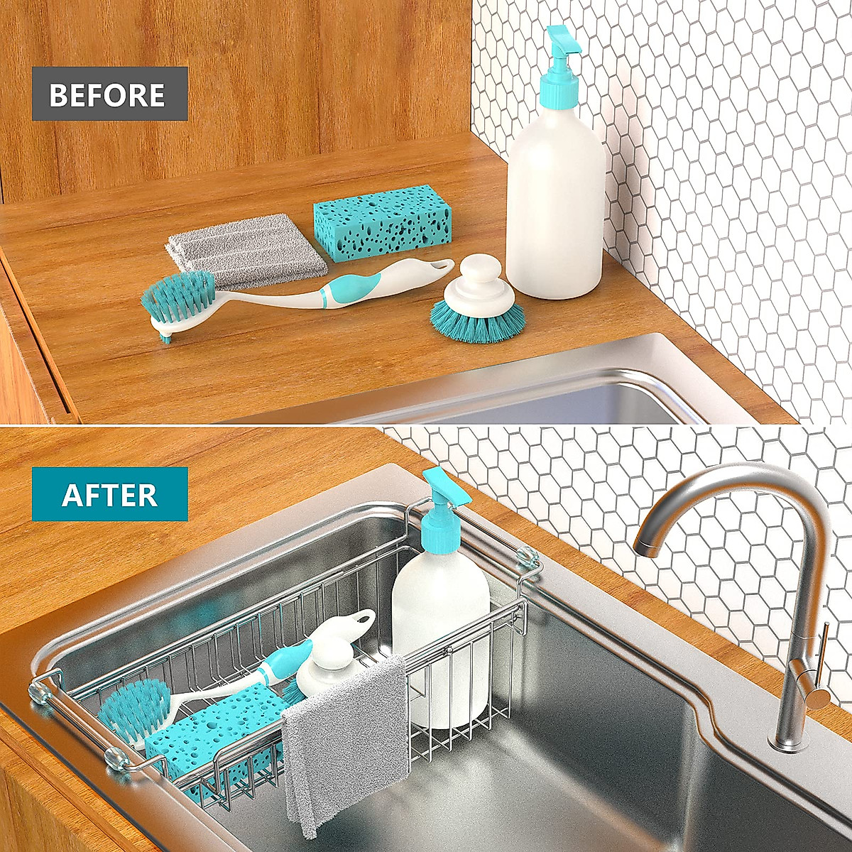 FavoThings Over The Kitchen Sink Caddy Sponge Holder Organizer Drying Rack Expandable for Sponge Brush Soap Dish Cloth Rag 14.5" to 22", Stainless Steel