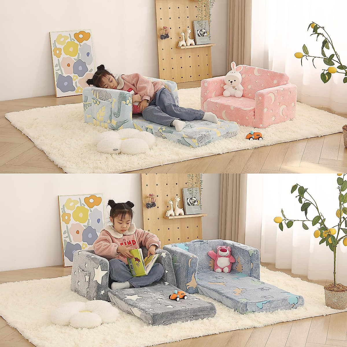 Welnow 2-in-1 Kids Sofa Chair, Glow in The Dark Convertible Toddler Chair Flip Out Children Sofa Chair Folding Kids Play Sofa with Side Pockets & Removable Cover Armrest Chair for Girl or Boy