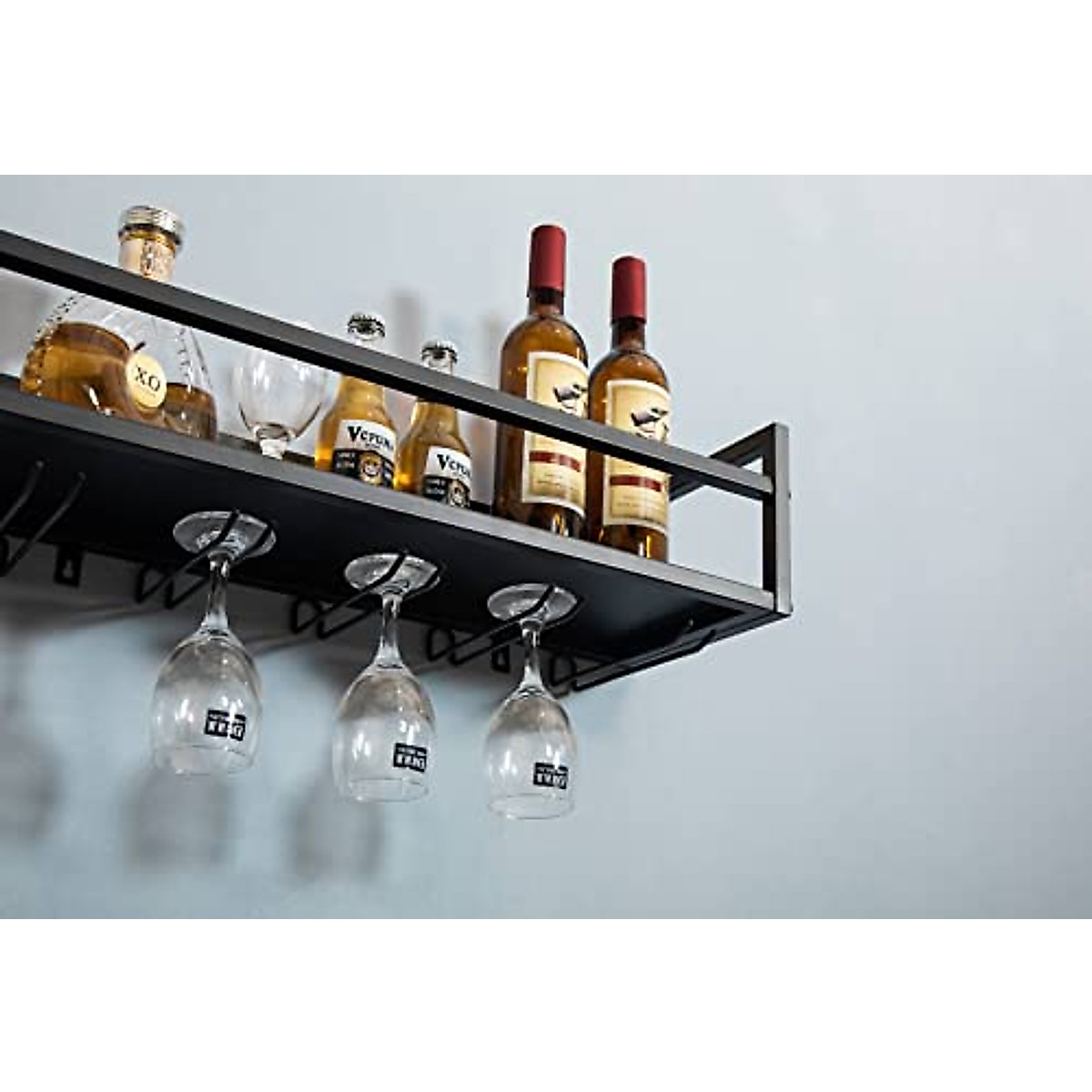 Fhesap Wall Mounted Wine Rack, Hanging Wine Rack, Wine Glass Rack Holds Wine Bottles and 5 Stemware Glass Holder, Metal Wine Storage Rack for Home Kitchen, Dining Room, Bar Décor, Black