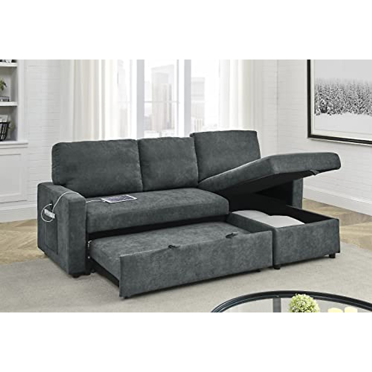 uhome Upholstered Sleeper Sofa with USB Ports sectional Couch Reversible Sofabed, Full XL, Gray