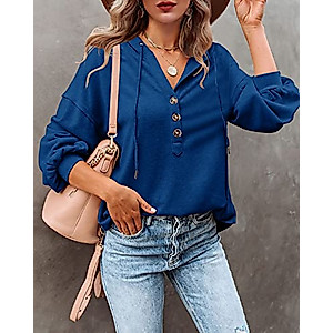 Tutorutor Women's Long Sleeve Deep V Neck Henley Shirts Button Down Drawstring Sweatshirt Hoodies Pullover Tops