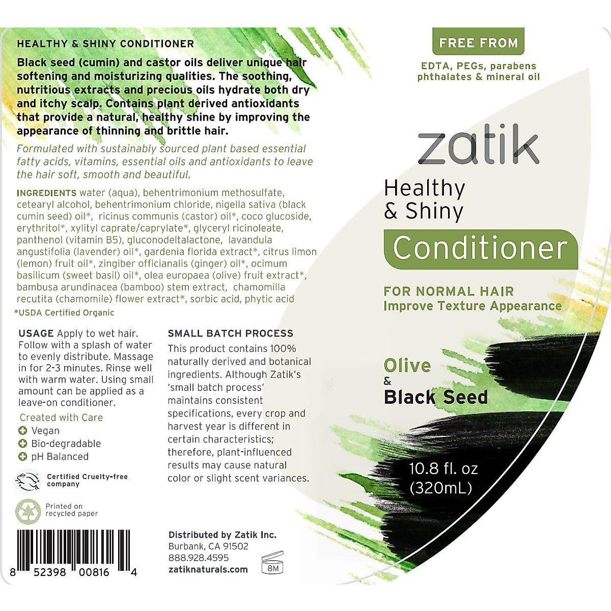 Zatik Naturals - Healthy & Shiny Shampoo and Conditioner set, with Olive and Black Seed, Voluminizing and Safe for Color Treated Hair - one of each 10.80 fl oz.
