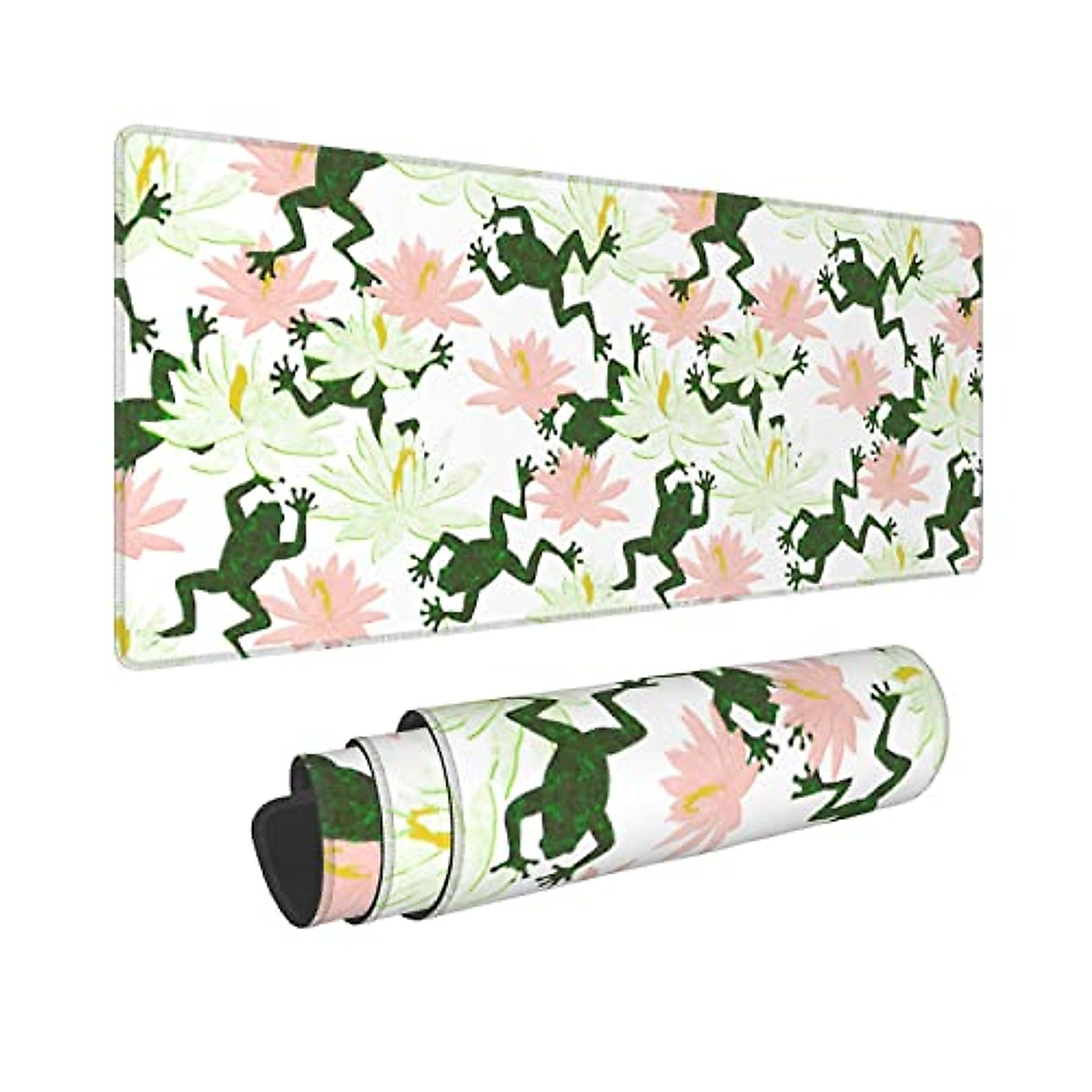 Frog and Water Lilies Gaming Mouse Pad XL,Extended Stitched Edges Mousepad,Large Mouse Pads Desk Pad,Long Non Slip Rubber Base Desk Mat for Work,Office,Home,Computer,Laptop