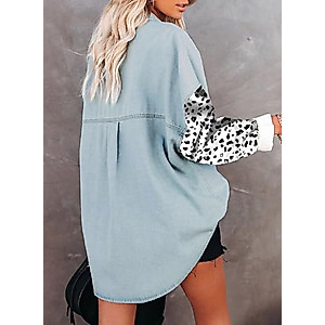 Dokotoo Womens 2023 Fashion Oversized Color Bock Leopard Contrast Denim Jacket Long Sleeve Button Up Pockets Shirts Ladies Loose Fit Shacket Tunic Blouse Tops Sky Blue M