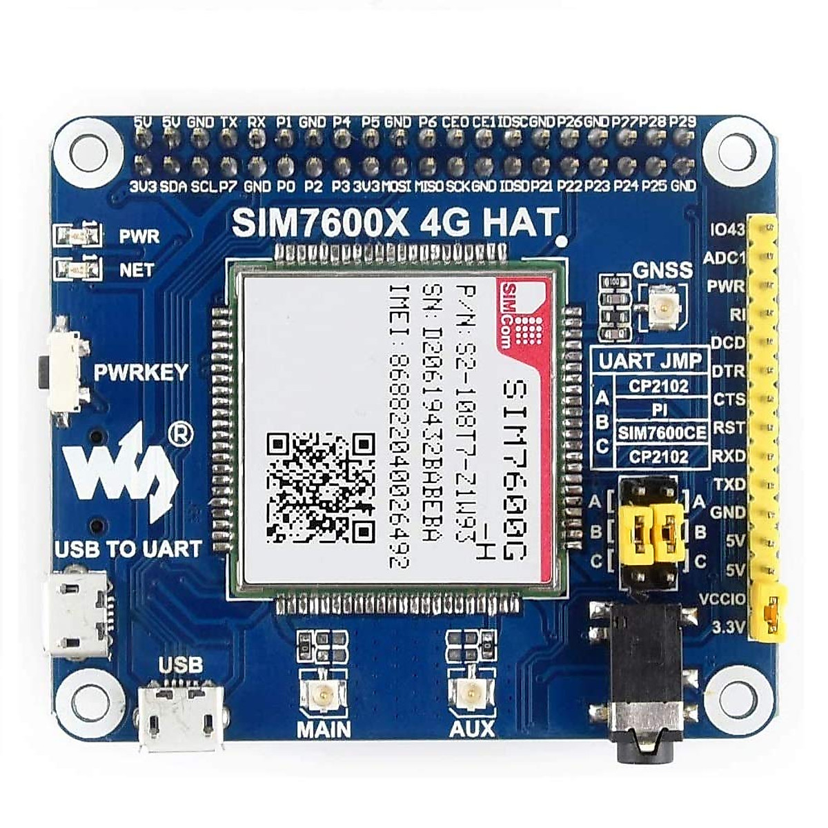 4G/3G/2G/GSM/GPRS/GNSS HAT Module for Raspberry Pi /4B/3B+3B/2B/Zero/Zero W/Zero WH/Jetson Nano Based on SIM7600G-H Support LTE CAT4 up to 150Mbps for Downlink Data Transfer,the Global Version
