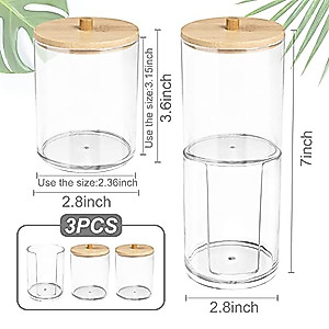 Qfeley Acrylic Q-tip Holder Dispenser with Bamboo Lid, 2 Pack Bathroom Jars Round Cotton Ball Pad Swab Holder Dispenser,Ear Stick Swabs, Toothpick Container, Round Q-tip for Bathroom Countertop