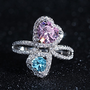 Wedding Bands for Women Double 2-Stone Heart Rainbow Eternal Engagement Ring Girls Ring Stackable Zirconia Engagement Rings Eternity- Promise Band Rings Girl Jerwery Gift Size 6-10 (A, 6)