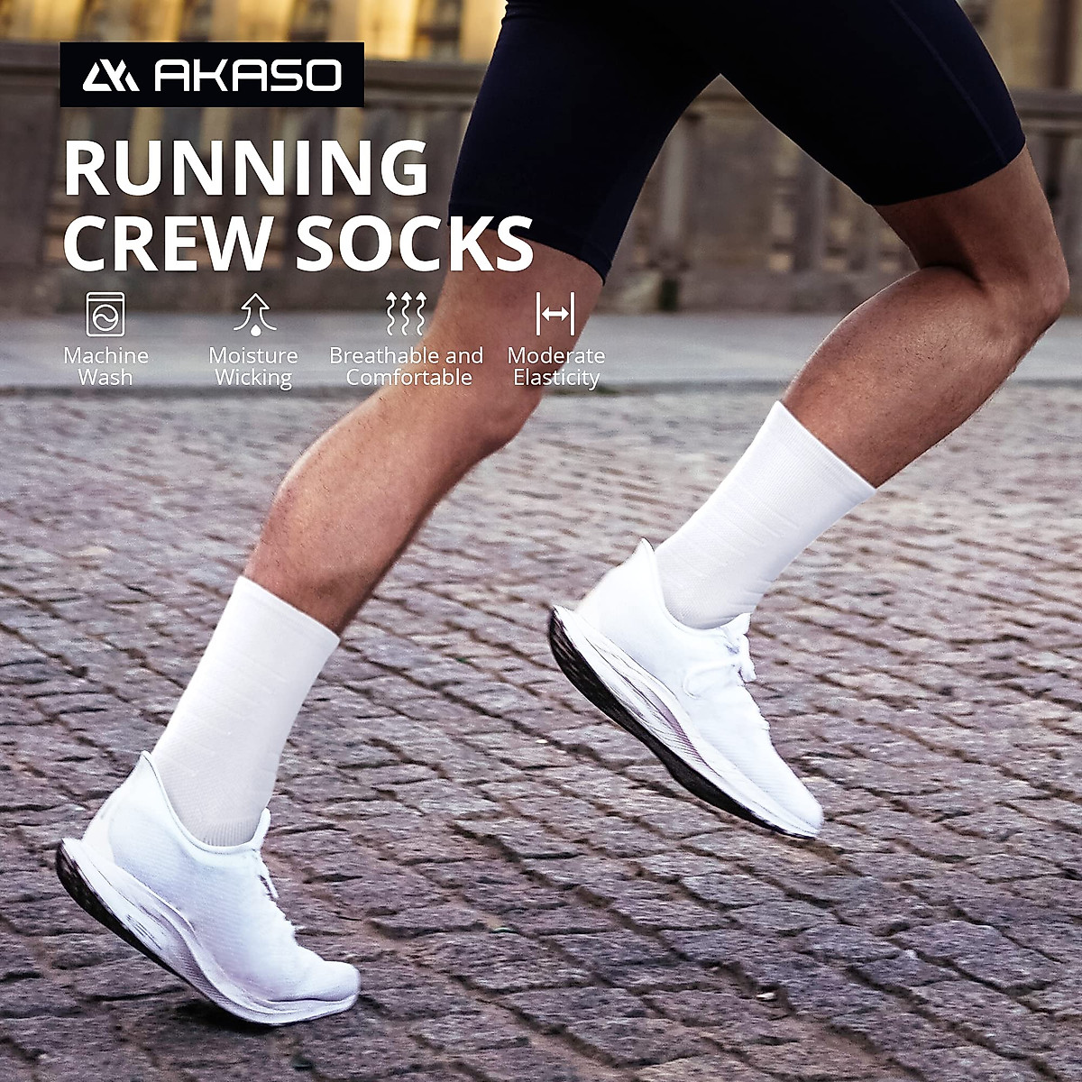 AKASO 2 Pairs Ultralight Running Socks, Crew Coolmax Cotton Athletic Sport Quarter Hiking & Running Socks for Men & Women(White L)