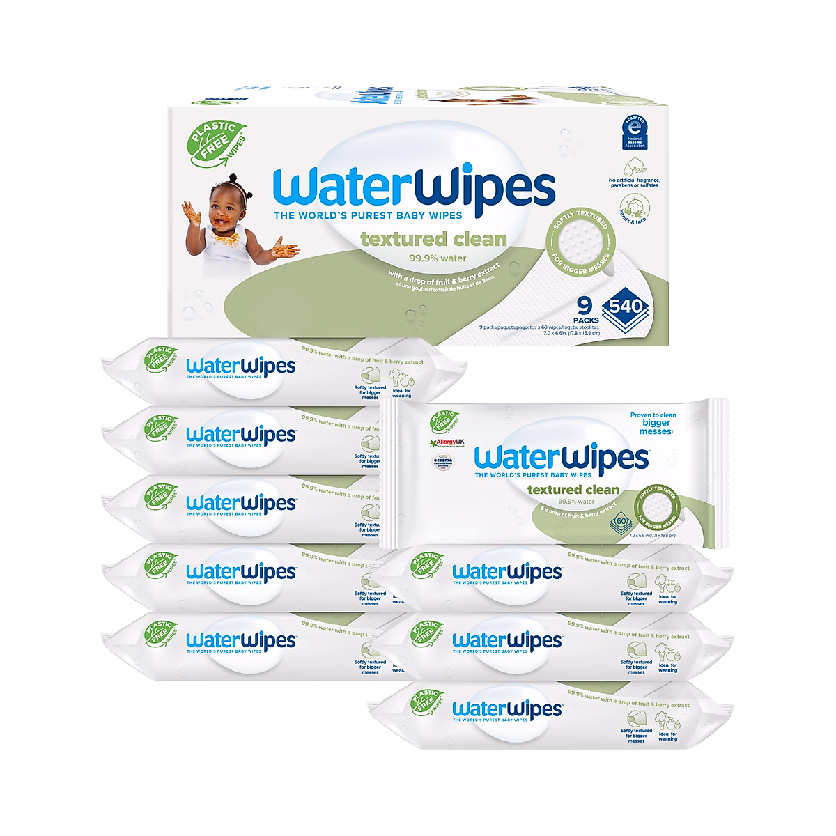 WaterWipes Plastic-Free Textured Clean, Toddler & Baby Wipes, 99.9% Water Based Wipes, Unscented & Hypoallergenic for Sensitive Skin, 540 Count (9 packs), Packaging May Vary