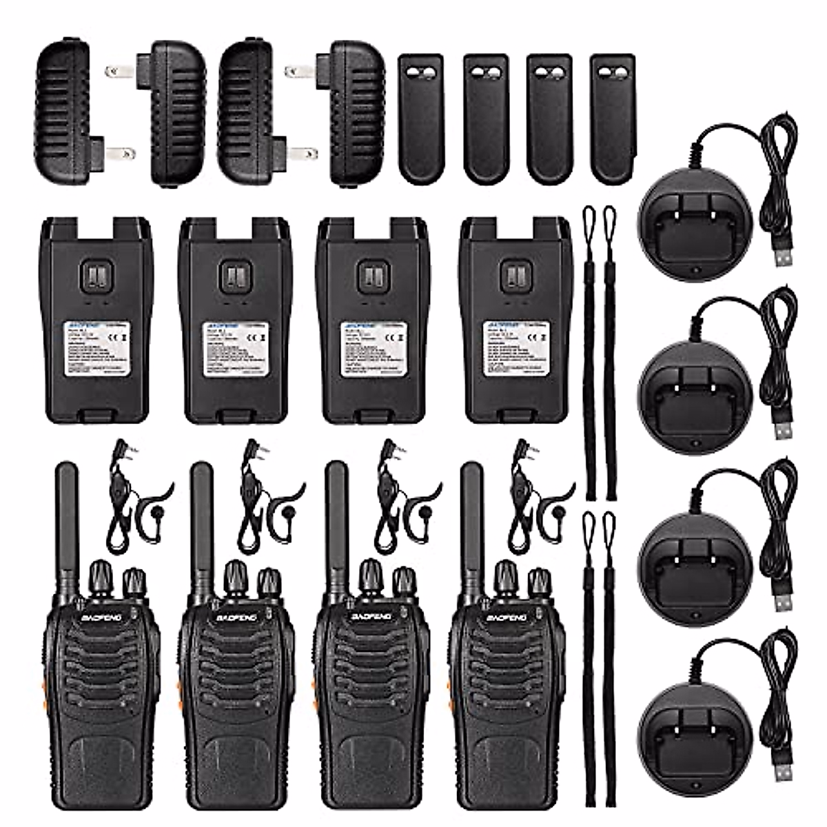 BAOFENG BF-88ST Walkie Talkies for Adults, Portable License-Free Walkie Talkie with Hands Free VOX USB Charging, Two Way Radios Long Range Rechargeable with Earpieces and Chargers (Black, 4 Pack)