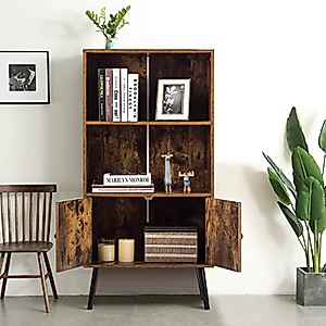 Tangkula Retro Bookcase, Industrial 2 Tier Bookshelf with Doors & Solid Wood Legs, Mid-Century Modern Storage Cabinet in Living Room Bedroom Office (Rustic Brown)