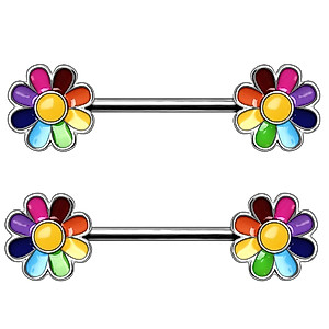Pierced Owl 14GA Stainless Steel Rainbow Flower Nipple Barbells, Sold as a Pair