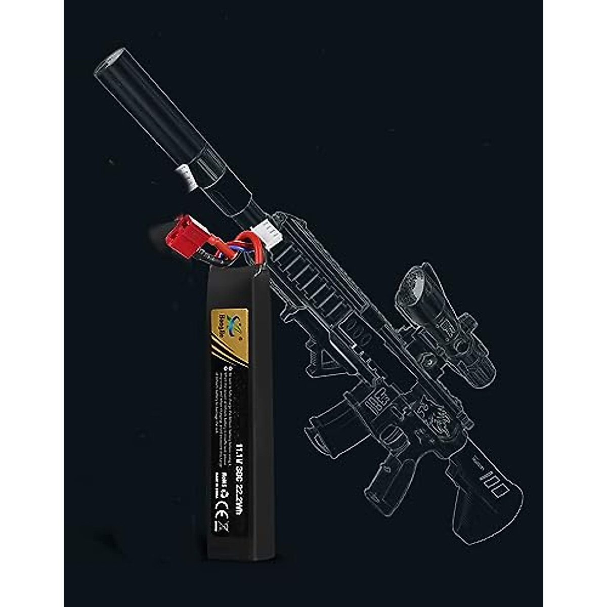 30C 11.1v lipo Battery Airsoft T Plug Connector with USB Charger T Plug to Mini Tamiya Cable Compatible with Airsoft Gel Water Bead Blaster Rechargeable Batteries Gel Blaster Accessories 2 Pack