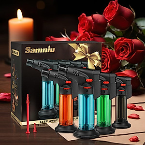 Samniu 4 Pack of Torch Lighter, Jet Flame, Butane gas, Mini Refillable Windproof Lighters, for candle, fireplace, grill (Gas not Included)