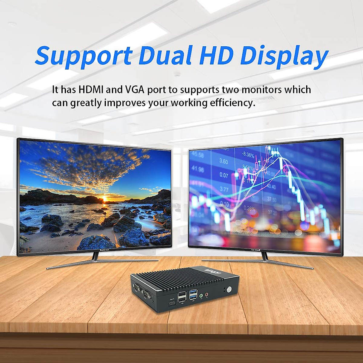 VNOPN Fanless Mini PC AMD A6 1450 up to 1.4GHz, Windows 10 Pro Small Desktop Computer 4GB DDR3 64GB SSD, Dual Display, 2.4G WiFi, Gigabit Ethernet, RS232 COM, USB3.0, Type-C, Auto Power On