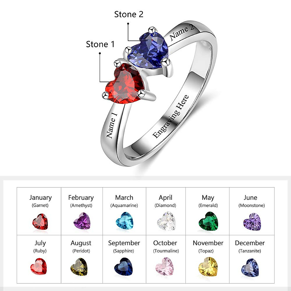 Love Jewelry Personalized Mothers Ring, Custom 2 Heart Simulated Birthstones Ring Engraved Names Engagement Rings Promise Rings for Women (6)