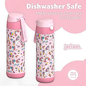 JARLSON kids water bottle with straw - CHARLI - insulated stainless steel water bottle - thermos - girls/boys (Unicorn 'Mosaic', 18 oz)