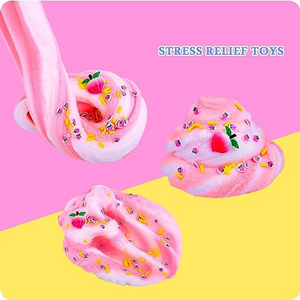 3 Pack Cloud Slime Kit, with Pink Peachs, Yellow Lemon and Blue Latte Cute Charms Cloud Slime, Educational Fidget Slime Toys for Kids, Birthday Gifts Party Favors for Girls Boys