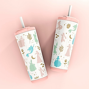 Zak Designs Disney Princess Straw Tumbler for Travel, 24oz Stainless Steel with Vacuum Insulation and Non-Skid Base (Ariel, Aurora, Belle, Cinderella, Jasmine, Moana, Rapunzel, Tiana)