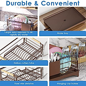 G-TING Dish Drying Rack, Dish Rack for Kitchen Counter, Rust-Proof Iron Dish Drainer with Drying Board and Utensil Holder for Kitchen Counter Cabinet, 16.6” L× 12.6”W× 7.8”H, Coffee Brown
