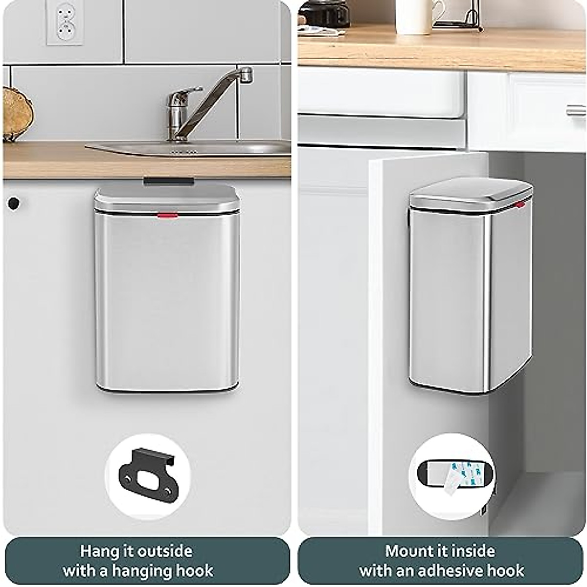 Nunsino Hanging Kitchen Compost Bin 8 Liter / 2.1 Gallon Includes 30 Compostable Bags, Trash Can with Removable Inner Bucket, Stainless Steel, Airtight Lid, Silver