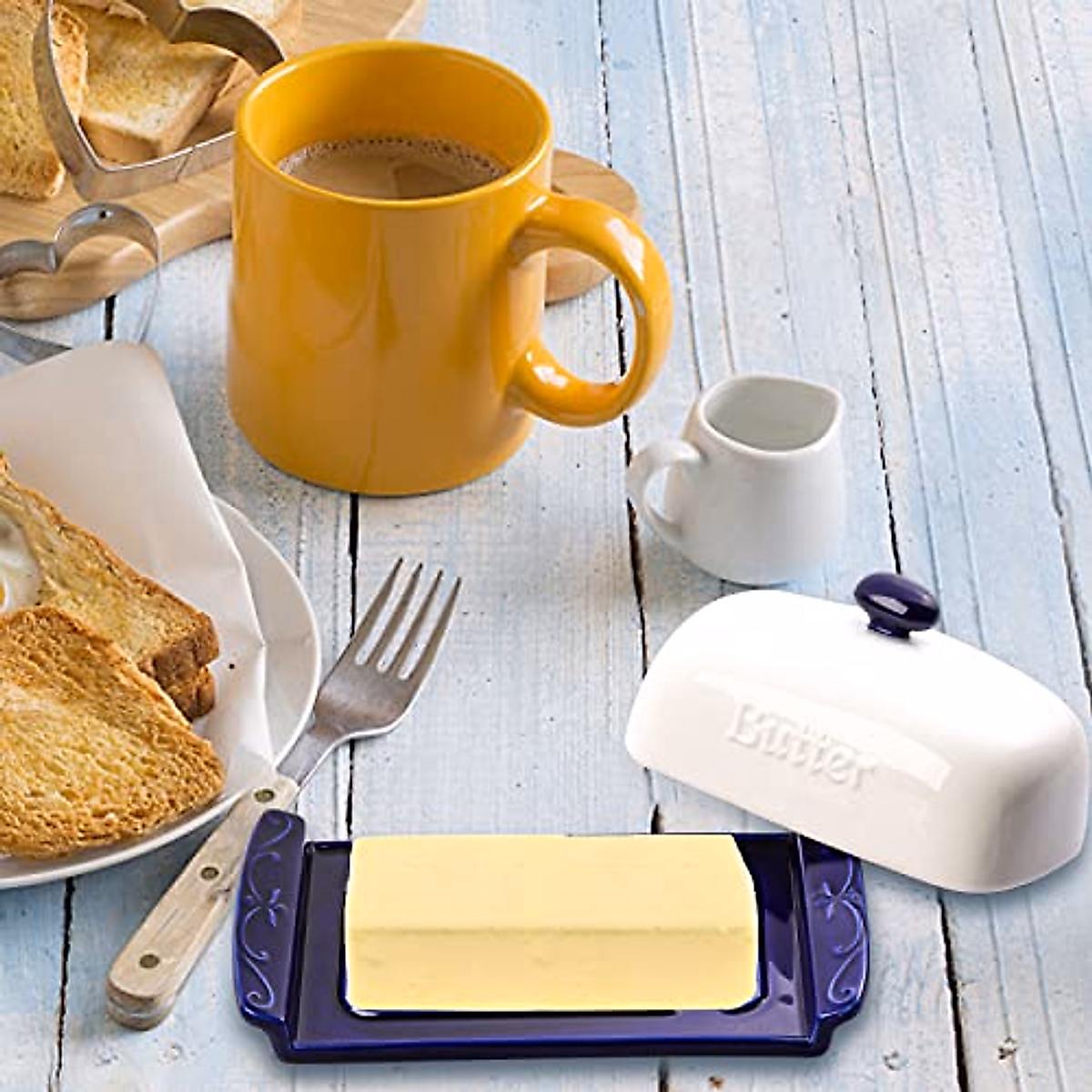 AVLA Ceramic Butter Dish with Lid, Porcelain Butter Keeper Container for Countertop, Counter, Butter Tray Holder For Butter Storage, Perfect for East and West Butter, Holds 1 Stick, Cobalt Blue