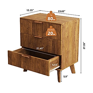 Mid-Century 3 Drawers Bedside Table Cabinet, Modern Nightstand with 3 Drawer and Solid Wood Legs, Contemporary 3-Drawer Nightstand, Mid Century Nightstand with 3 Storage Drawer for Bedroom (Walnut)
