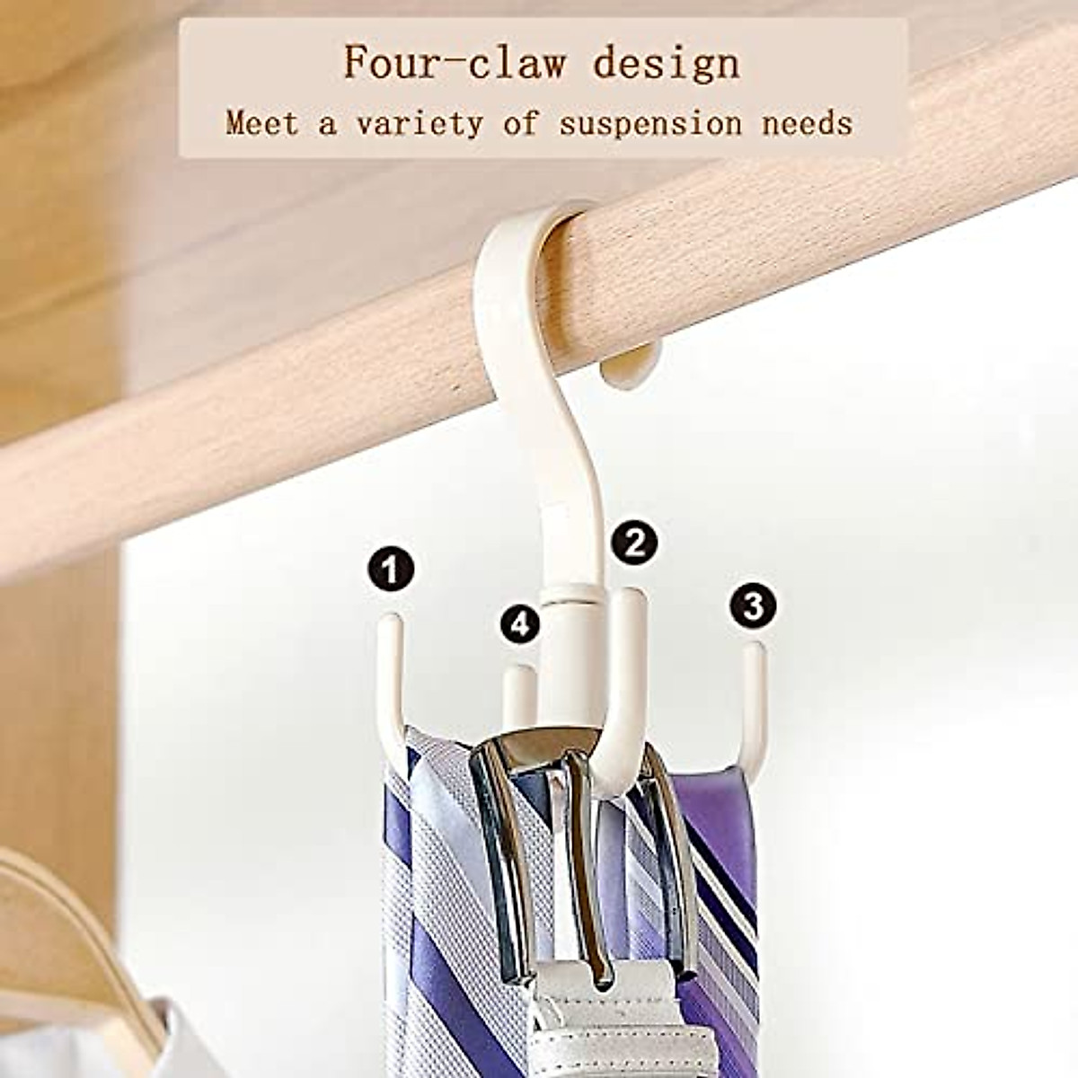 SKLLKAGI Closet Hanging Organizer 360 Degree Swivel Hooks (Pack of 3) for Hanging Belts, Ties, Bags, Purses, Scarves, Clothes and More. Easy Installation, no Drilling Required, Space Saving.