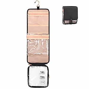 Relavel Travel Toiletry Bag for women with Detachable TSA Approved Toiletry Bag, Compact Hanging toiletry bag with Small Carry On 3-1-1 Clear Waterproof Travel Bags for Toiletries (M Black, A Small)