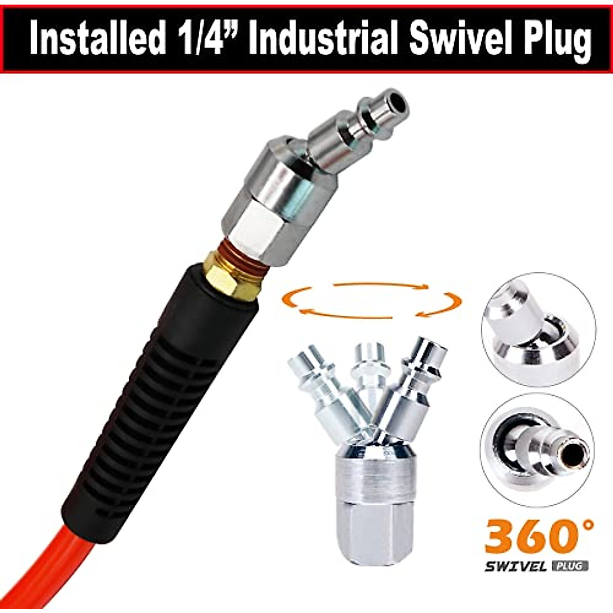 EADUTY Hybrid Air Hose 1/4 In. x 50 ft, Heavy Duty, Lightweight, Flexible Compressor Hose with AMT Universal Quick Coupelr and Ball Swivel Plug, Orange