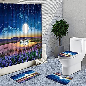 AXISRC Two White Geese Oil Painting Shower Curtains Sets 3D Beautiful Animal Landscape Bathroom Curtain Non Slip Bath Mats Rugs Toilets 71x71inches