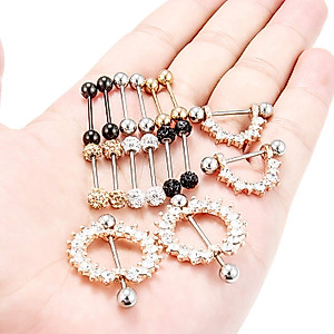 Lcolyoli 16Pcs 16G Surgical Steel Tongue Ring Nipple Shield Barbell Ring Bar Nipplerings Body Piercing Jewelry for Women Men Silver Black Rose Gold Dangle Nipple Rings Diamond CZ