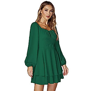 LYANER Women’s Lantern Long Sleeve Wrap Tie Back Square Neck Double Layer Ruffle Hem A Line Short Mini Dress Green Medium
