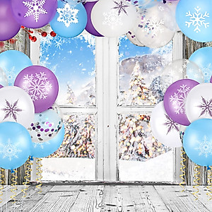 Gejoy 100 Pieces Snowflake Balloons 12 Inch Purple Blue Balloons White Balloons for Winter Birthday Party Girls Winter Theme Party Supplies Ice Snow Theme Baby Shower Winter Party Decoration