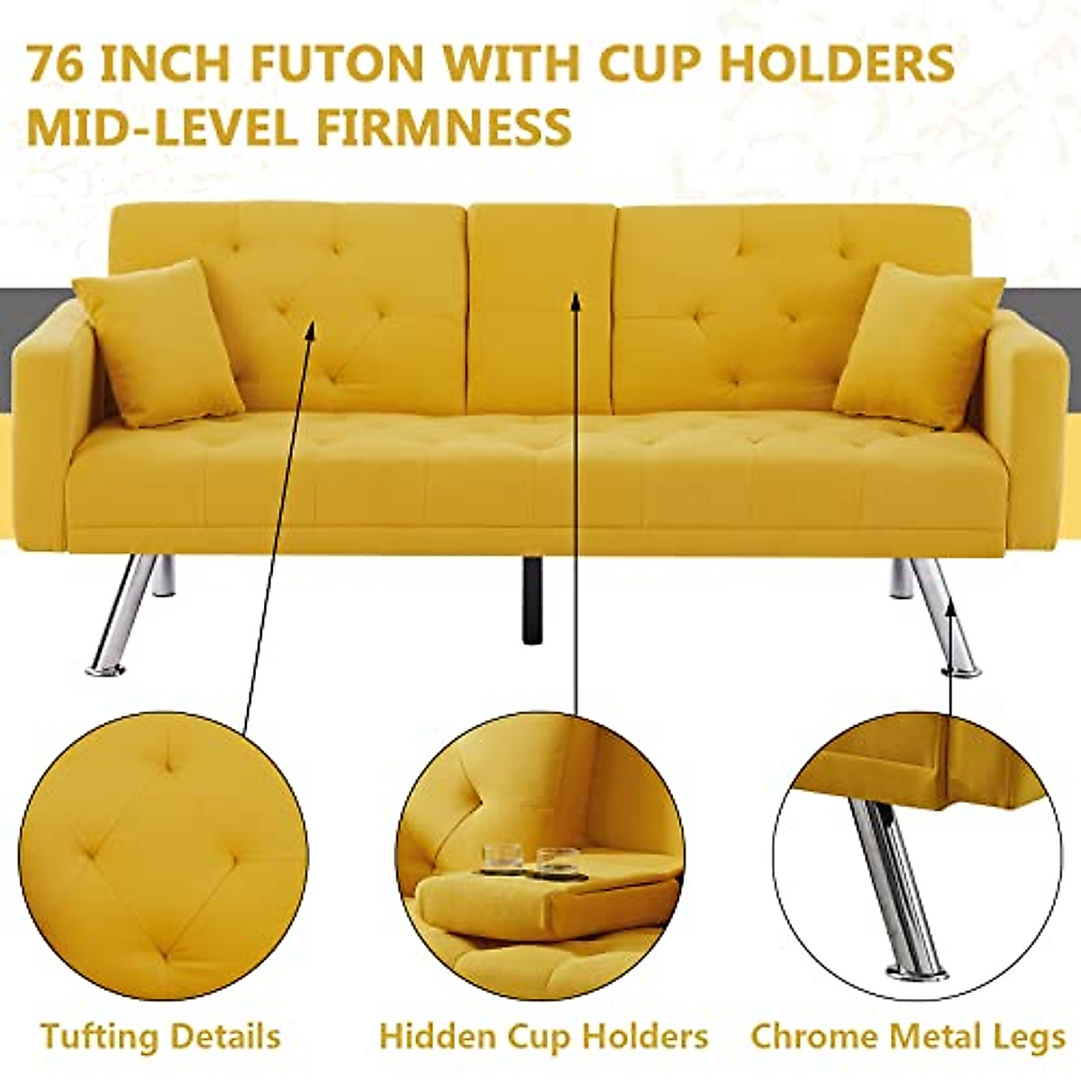 mikibama 76 Inch Futon Sofa Bed with Cup Holders, Linen Convertible Folding Futon Couch with Adjustable Backrest and Throw Pillows for Living Room, Tufted Sleeper Sofa with Metal Legs (Yellow)