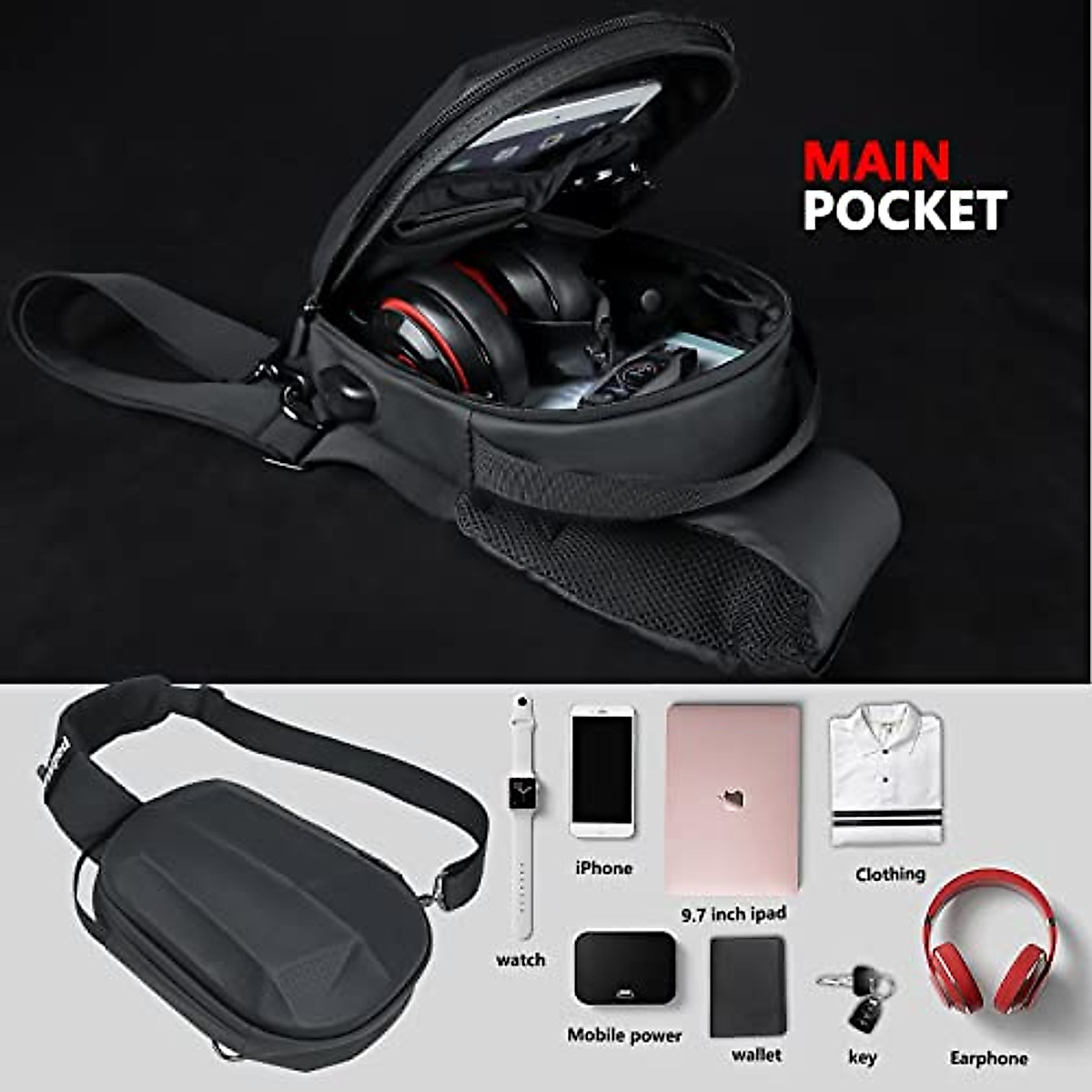 Wzsipod Small Hard Shell Sling Bag for Men Women, Crossbody Backpack Bag for Teenager, One Strap Chest Bags for Men, Lightweight Quest 2 Case With USB-A Charger Port for Daily Cycling Hiking (Black)