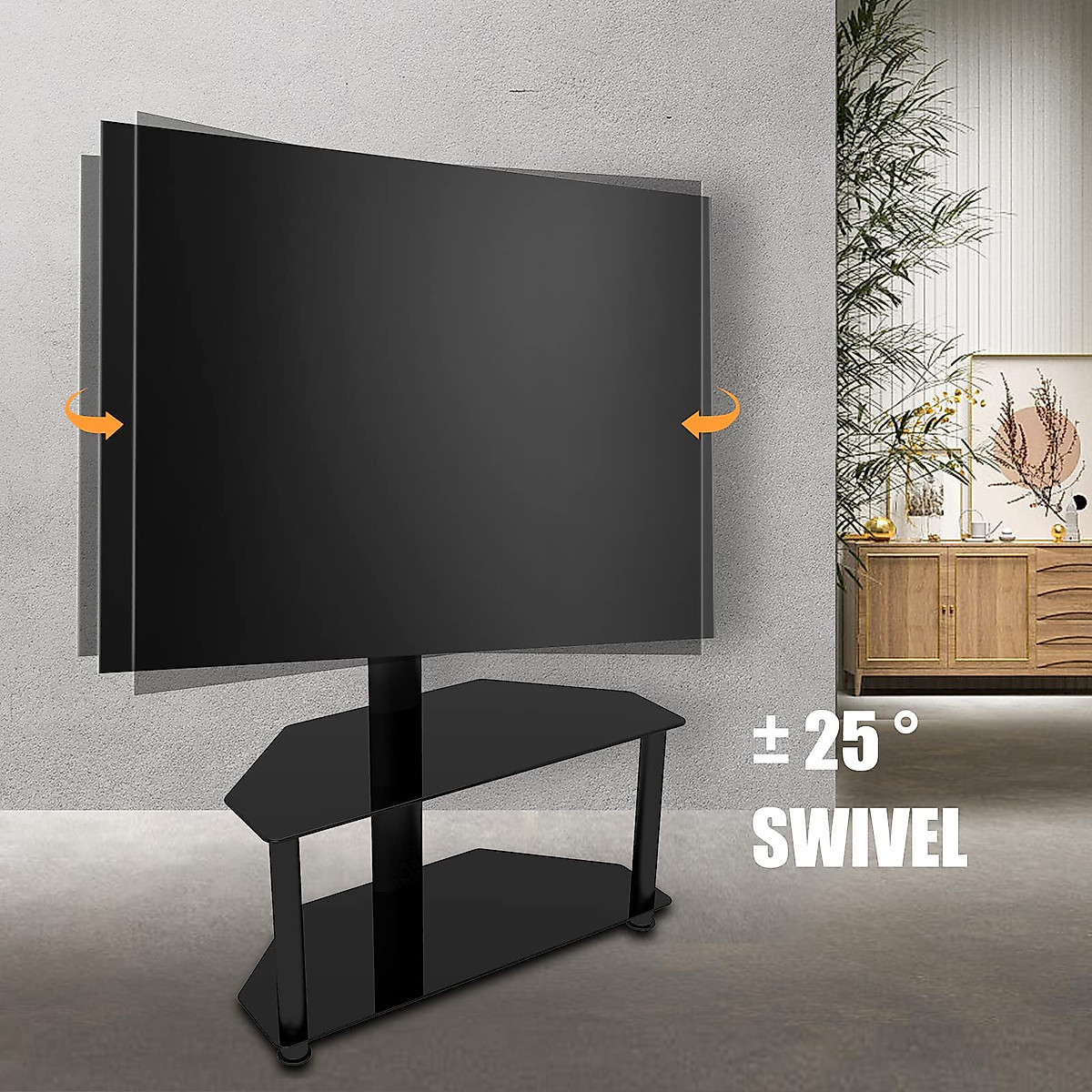 Afaloona Swivel Universal Corner TV Floor Stand with 2 Tier Storage Tempered Glass Shelves and Height Adjustable Entertainment Stand for 32-55 inch Flat or Curved Screen TV