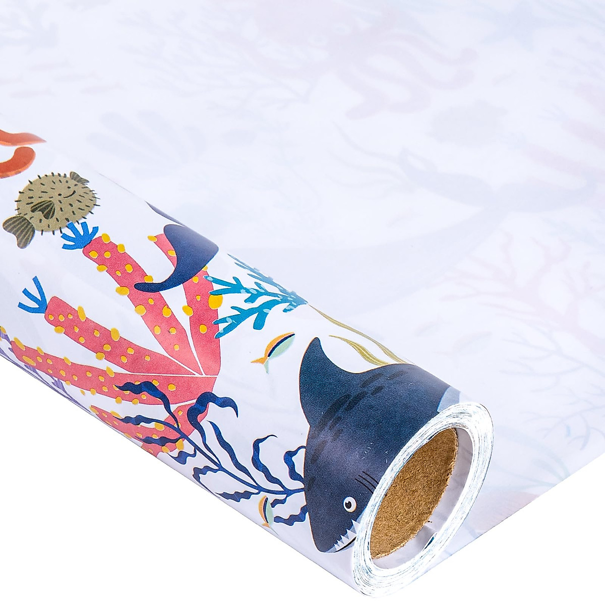LeZakaa Ocean Wrapping Paper Roll - Cartoon Design of Ocean, Whale, Turtle, Sea Creature for Birthday, Baby Shower, Holiday Party for Boys Girls Kids - 17 inches x 32.8 Feet (46.45 sq.ft.)