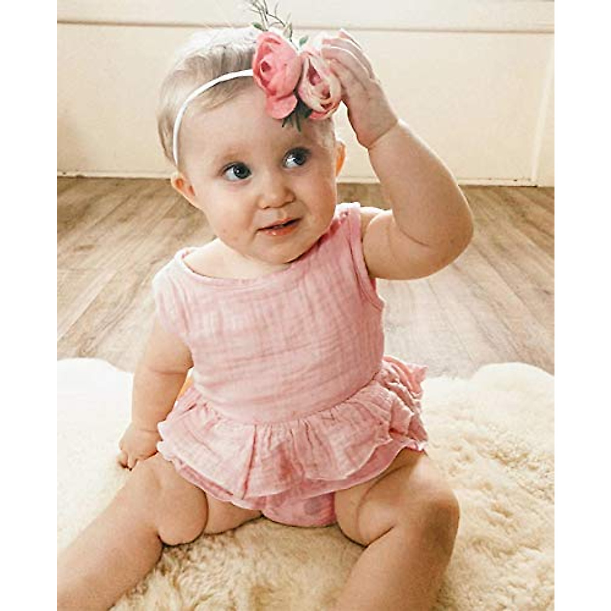 Yoawdats Newborn Baby Girl Romper Cotton Linen Bodysuits Ruffle Sleeve Summer Jumpsuit Outfits Clothes (0-6 Months, Y Pink)